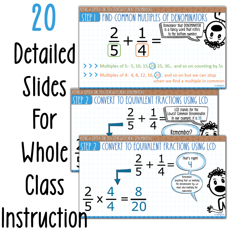 Fractions Adding & Subtracting Unlike Denominators Mystery in Math Act ...